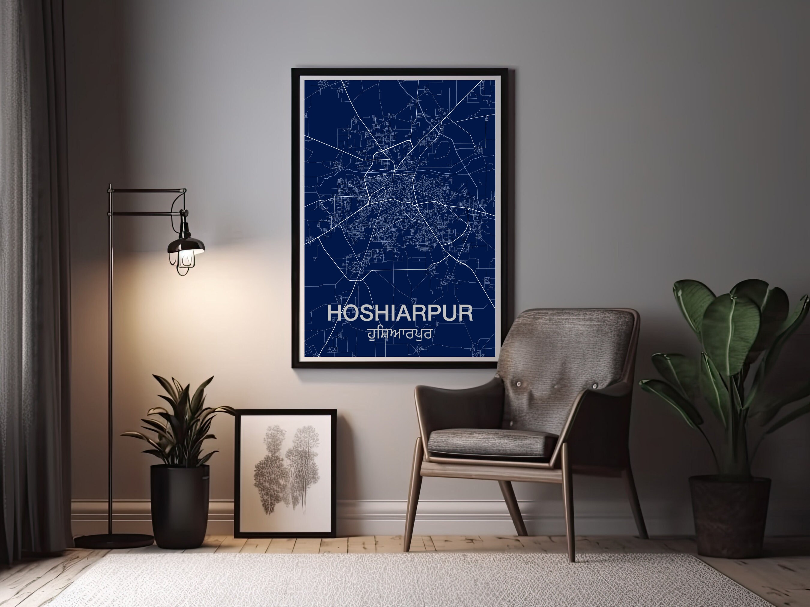 Hoshiarpur, Punjab Printable Map. Road Map Art Poster Set of 4, White, Black, Blue and Yellow ...