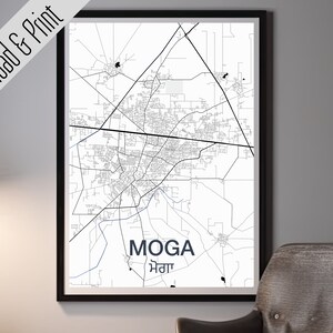 Moga, Punjab Printable Map. Road Map Art Poster Set of 4, White, Black ...