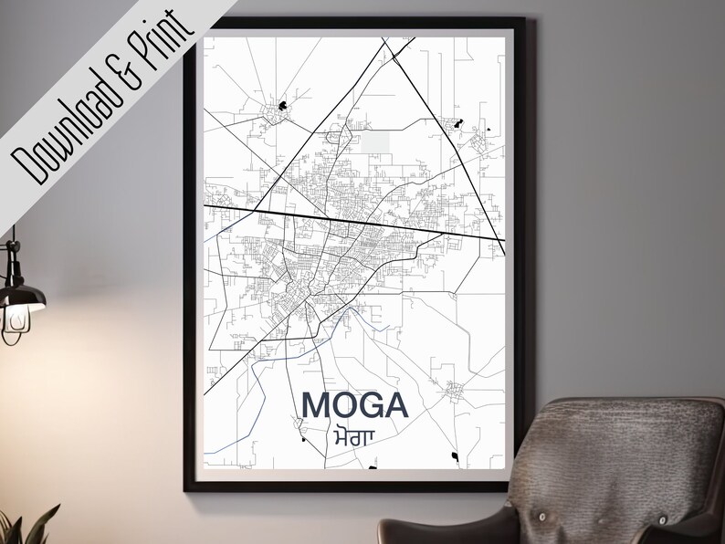 Moga, Punjab Printable Map. Road Map Art Poster Set of 4, White, Black ...