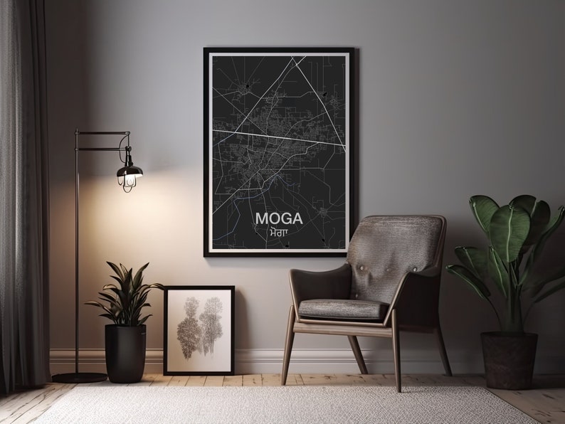 Moga, Punjab Printable Map. Road Map Art Poster Set of 4, White, Black ...