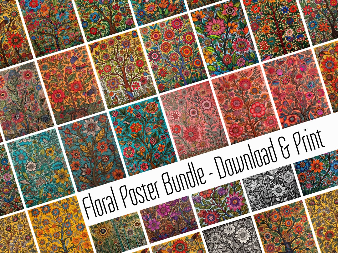 Madhubani Inspired Decorative Flowers Collection. 26 Printable Posters ...