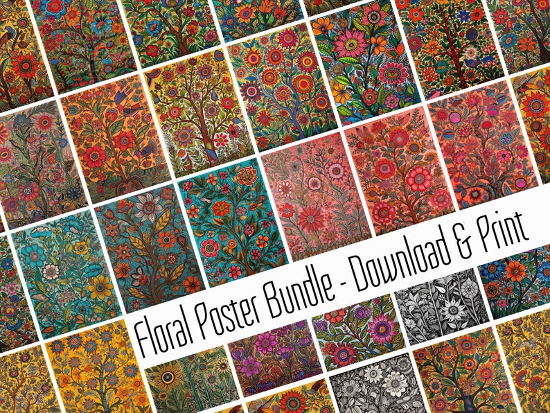Madhubani Inspired Decorative Flowers Collection. 26 Printable Posters ...
