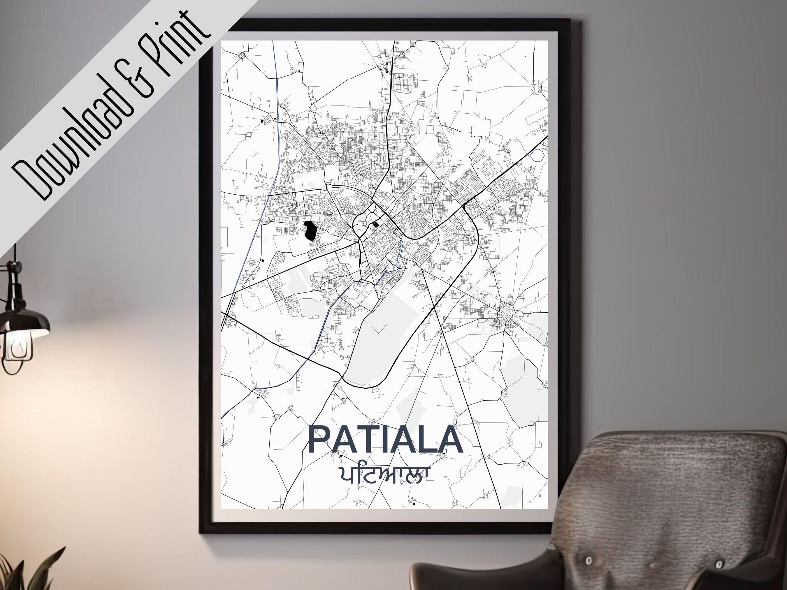 Patiala, Punjab Printable Map. Road Map Art Poster Set of 4, White ...