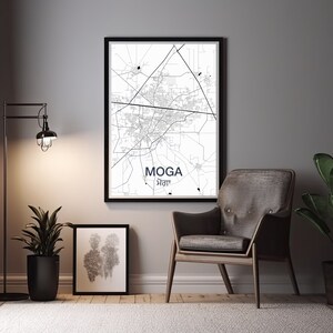 Moga, Punjab Printable Map. Road Map Art Poster Set of 4, White, Black ...