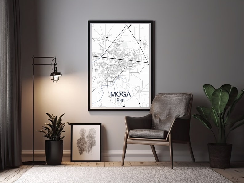 Moga, Punjab Printable Map. Road Map Art Poster Set of 4, White, Black ...