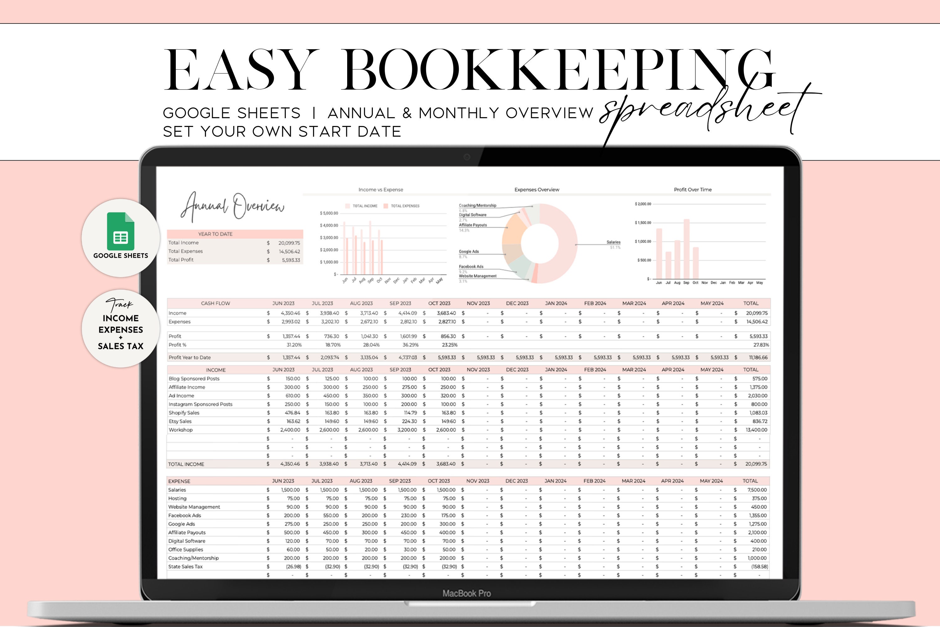 Easy Bookkeeping Template, Small Business Bookkeeping Spreadsheet ...