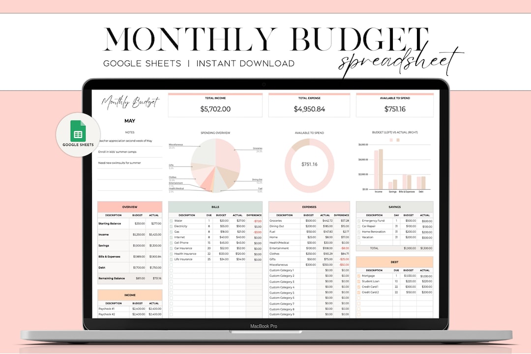 Budget Template, Monthly Budget Planner, Monthly Budget Spreadsheet ...