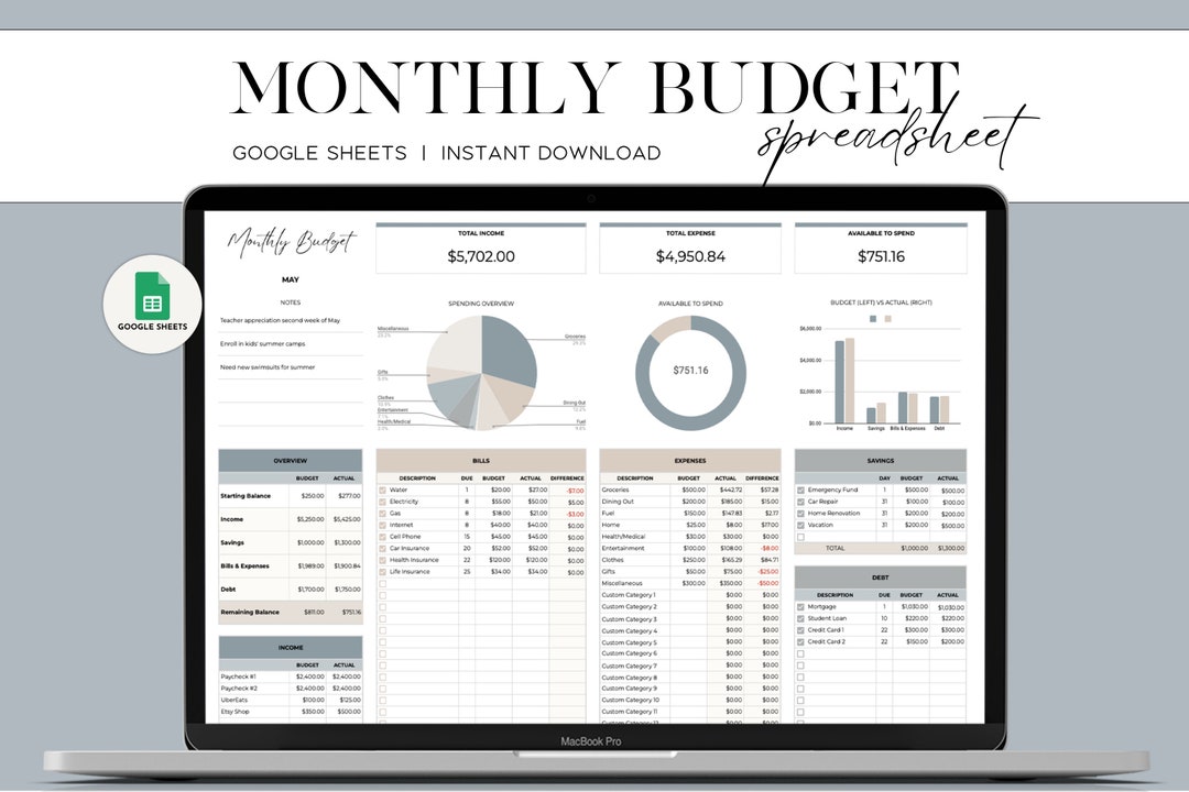 Monthly Budget Planner, Monthly Budget Spreadsheet Template for Google ...