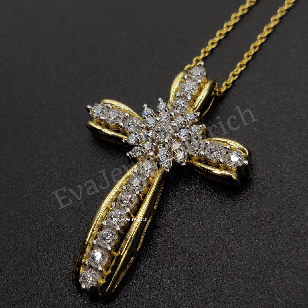 2ct Round Cut Moissanite 14k Two-tone Gold Plated Cross Necklace ...