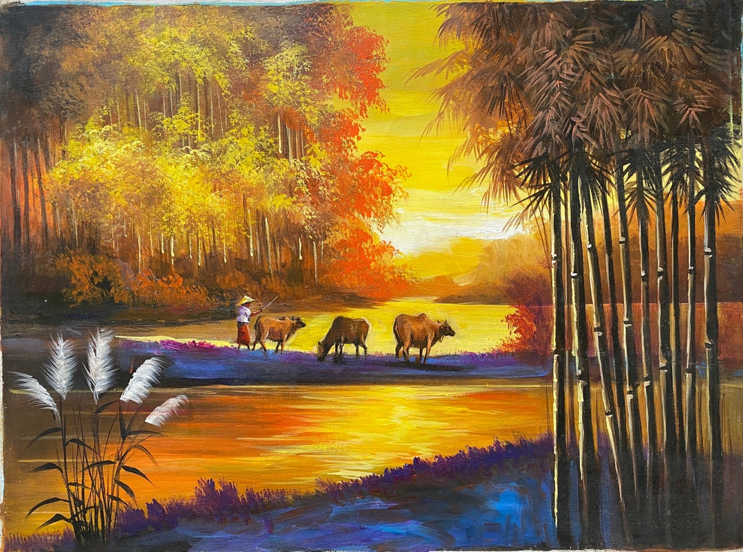 Myanmar/burmese Nature Hand-painted Original Acrylic Painting on Canvas ...
