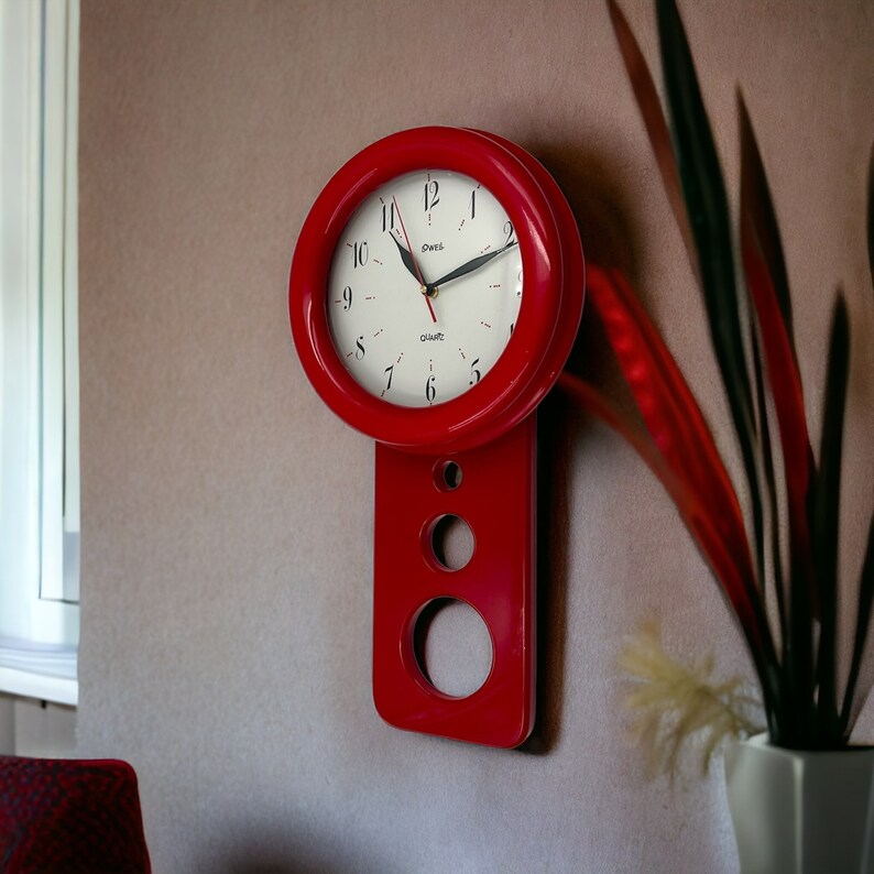 Quirky 80s Wall Clock With Pendulum Shape 80s Glossy Red Clock by ...