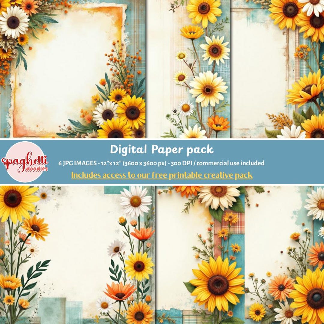Sunflowers Digital Paper, Summer Flowers Digital Papers for Junk ...