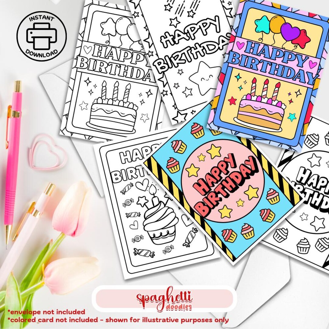 20 Printable Happy Birthday Coloring Card, Coloring Bday Card, Birthday ...
