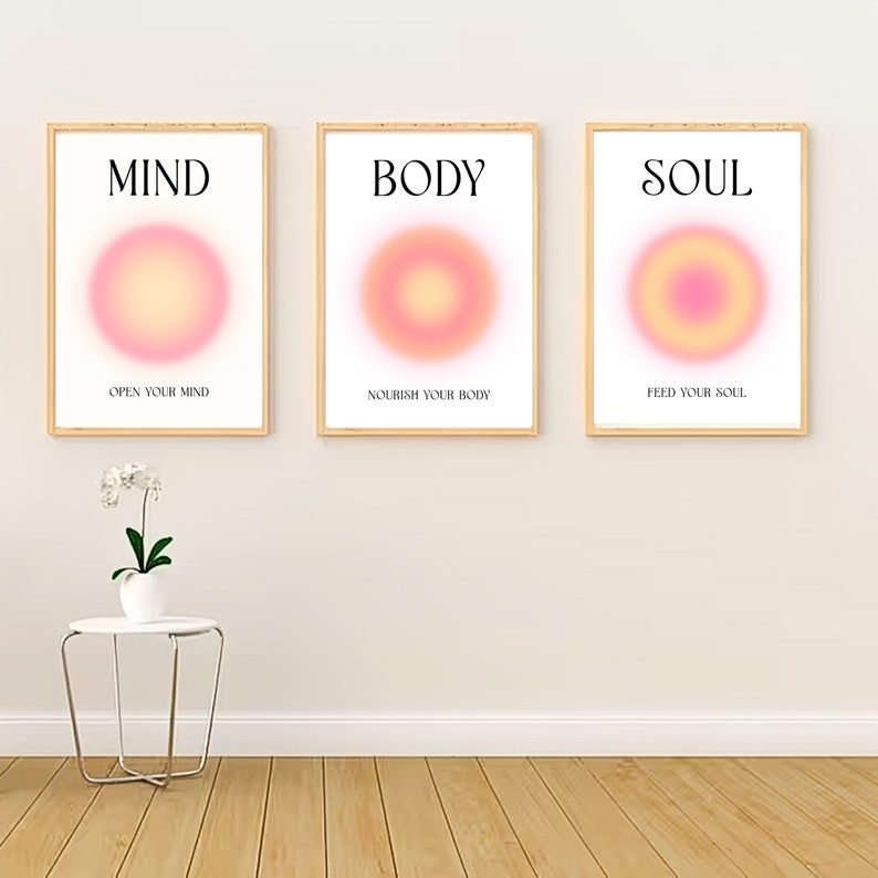 Mind Body Soul Aura Poster 3 Piece Wall Art, Aura Energy Spiritual Gradient Set of 3 Prints, Y2K ...