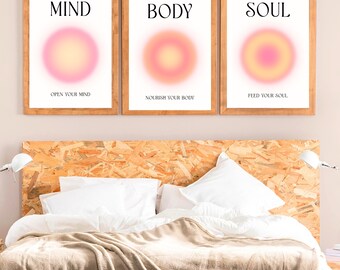 Mind Body Soul Aura Poster 3 Piece Wall Art, Aura Energy Spiritual Gradient Set of 3 Prints, Y2K ...