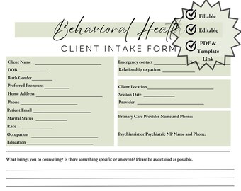 Client Intake Form Fillable PDF for Therapist Office, Private Practice ...