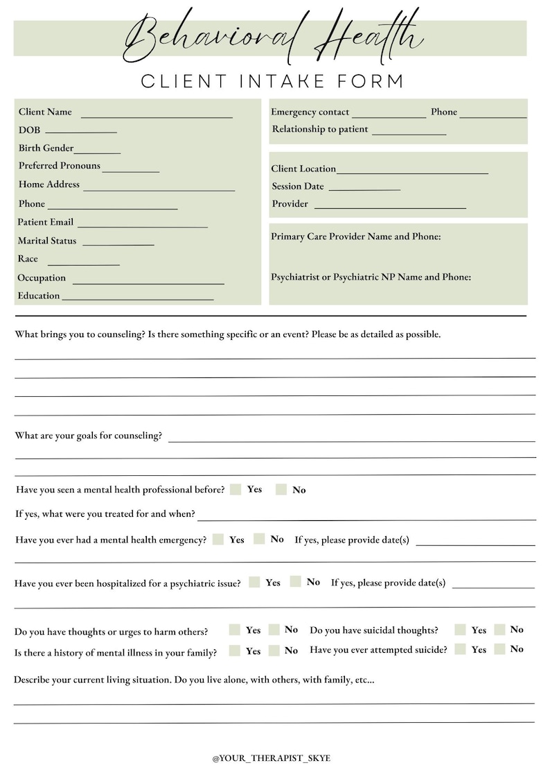 Counseling/behavioral Health Intake Form - Etsy