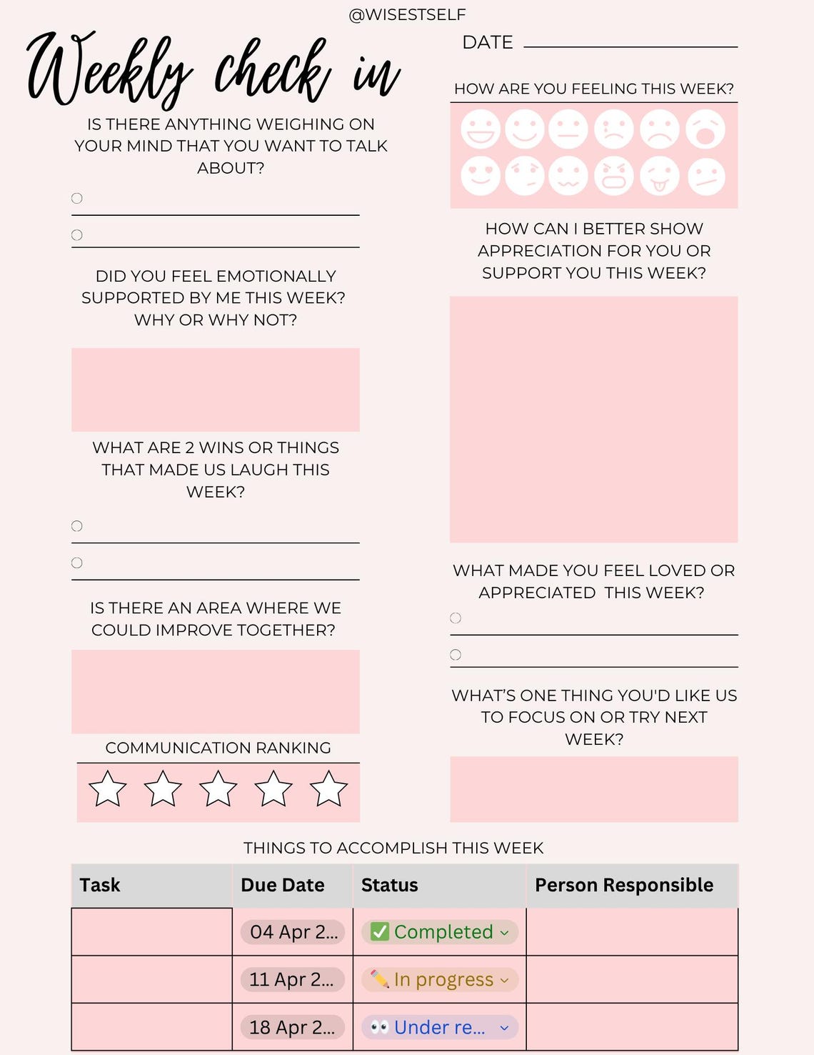 Weekly Couples Check-in Worksheet - Etsy