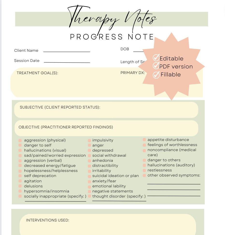 SOAP Therapy Progress Note Template - Etsy