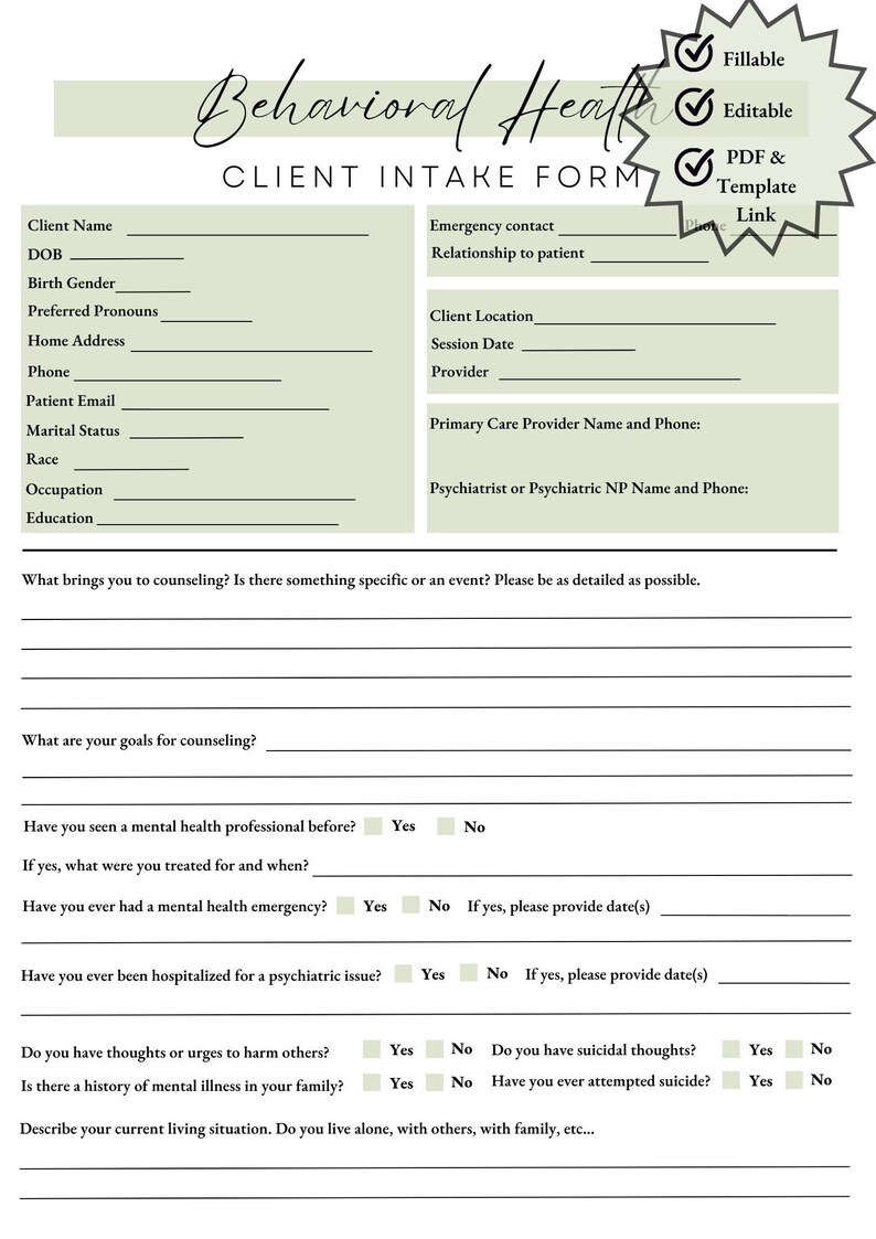 Counseling/behavioral Health Intake Form - Etsy
