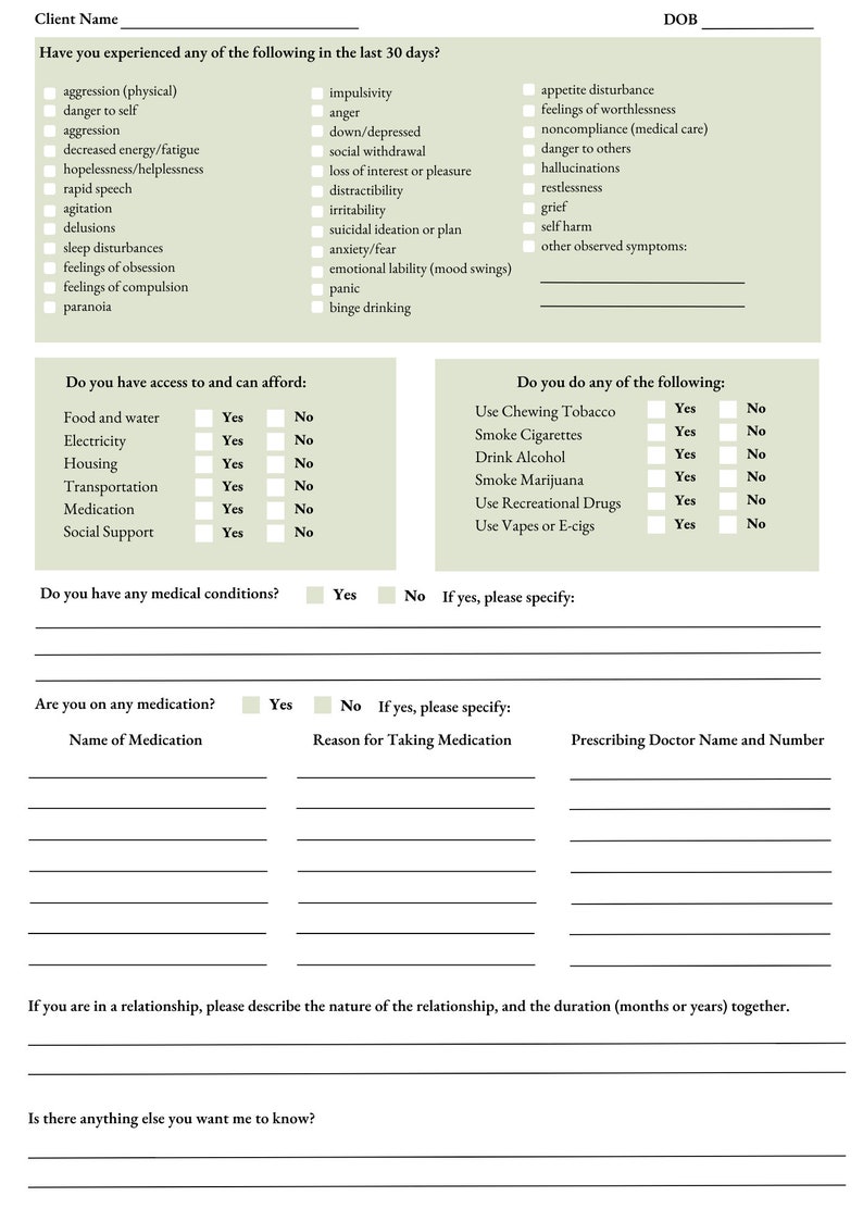 Counseling/behavioral Health Intake Form - Etsy