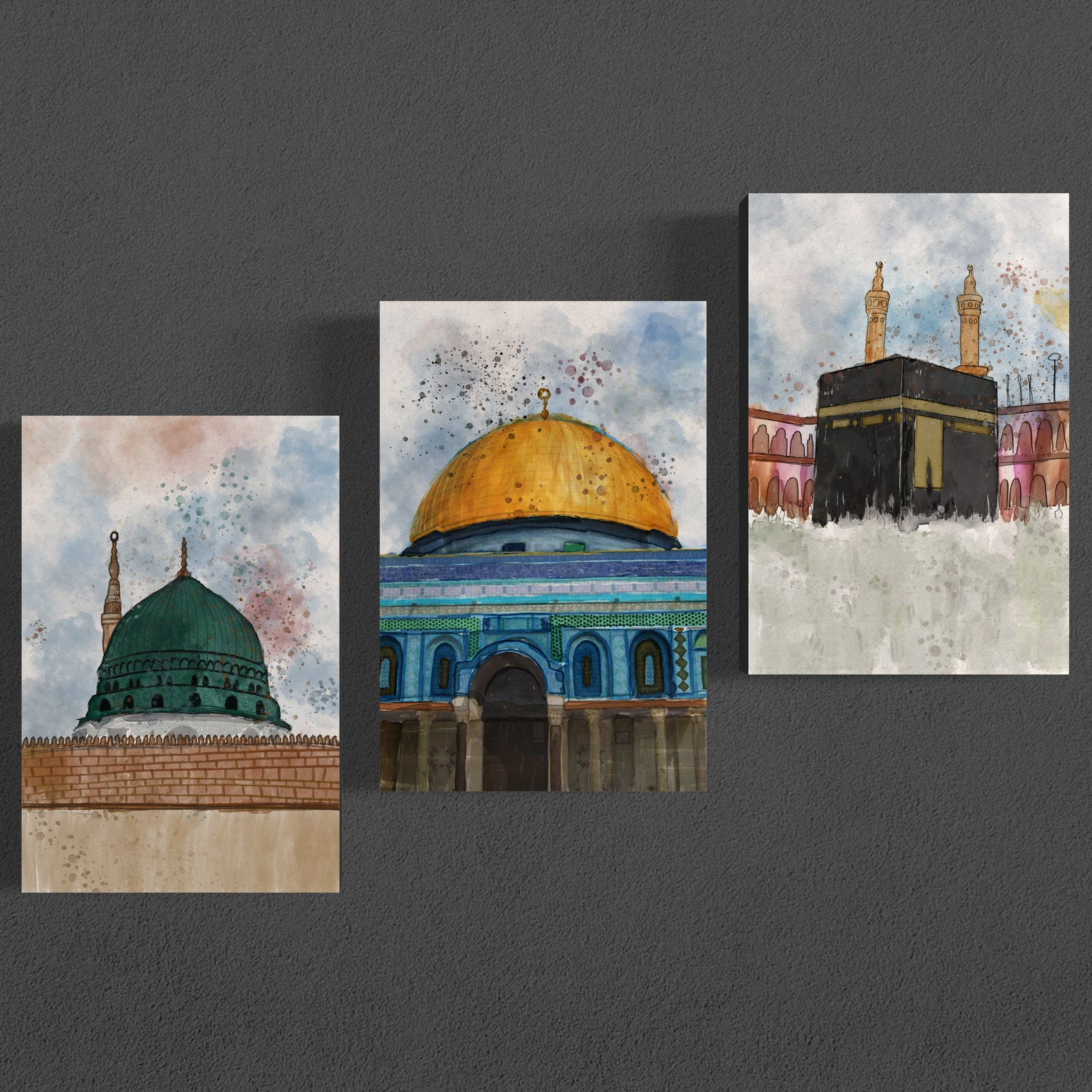 Islamic Wall Art Set Three Holy Mosques: the Kaaba, Masjid Al-nabawi, Masjid Al-aqsa Abstract ...