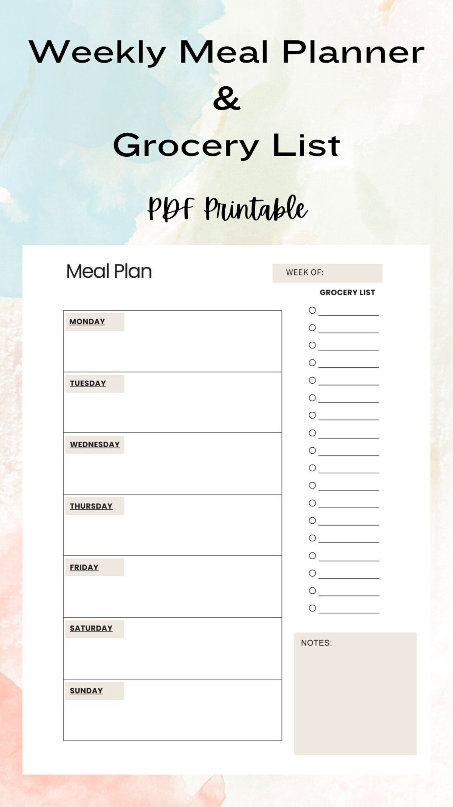 Printable Weekly Meal Planner & Grocery List - Etsy