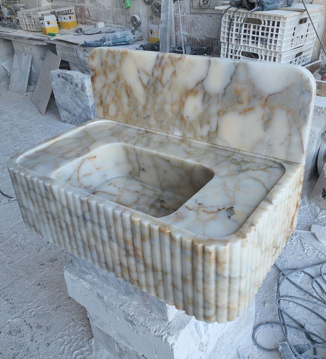 Calacatta Gold Marble Sink, Floating Sink With Backsplash, Marble Sink ...