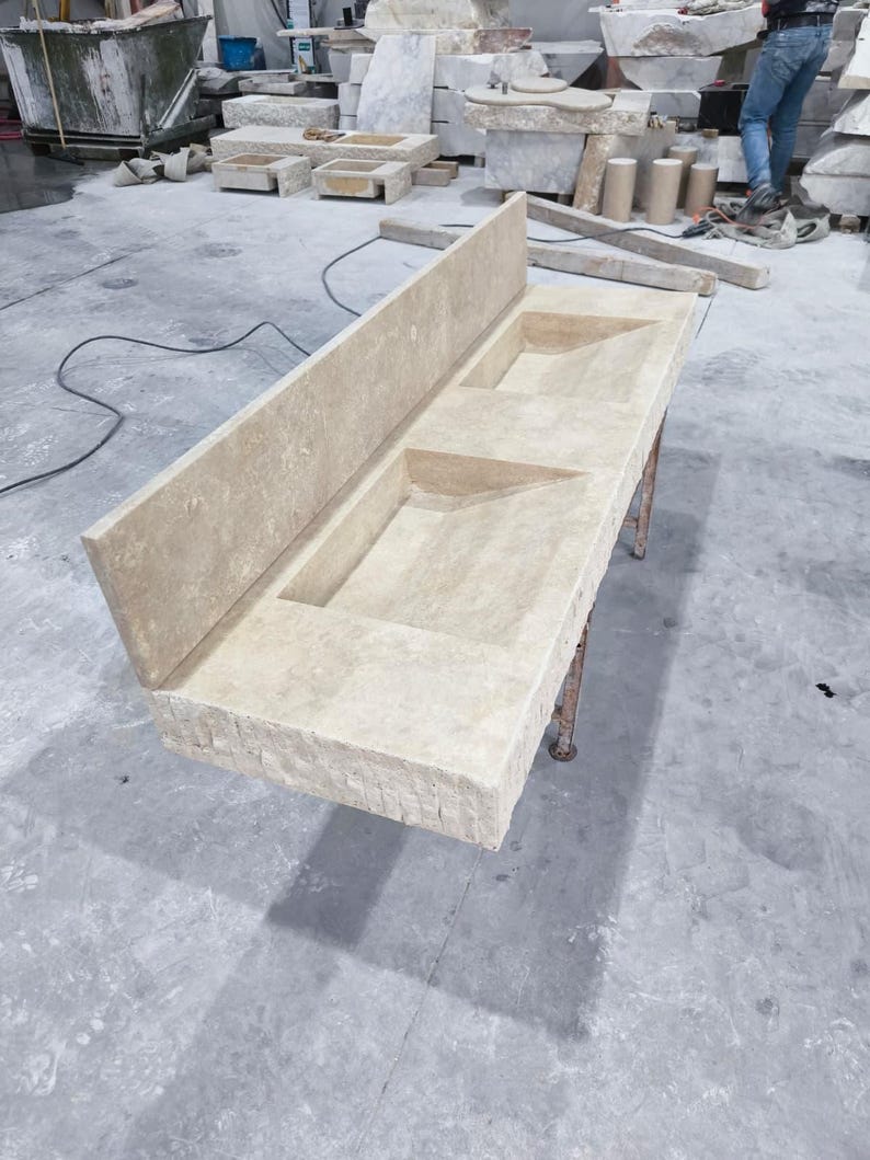 Travertine Double Sink With Backsplash – Handmade Natural Stone Vanity ...