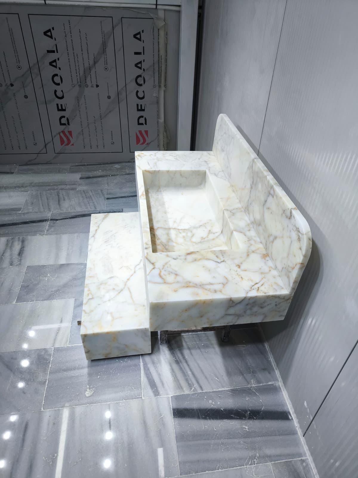 Calacatta Gold Marble Sink – Vanity Top With Tall Backsplash and Warm ...