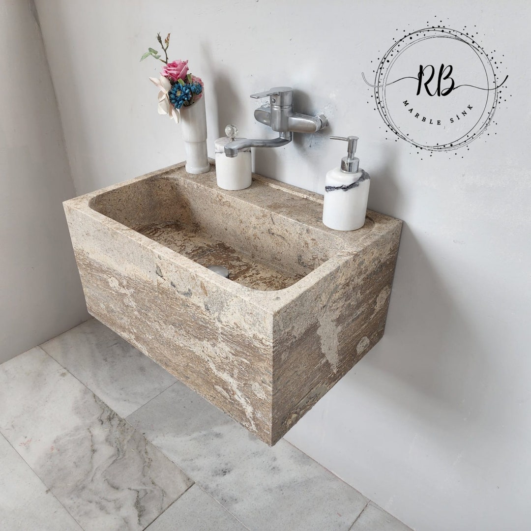 Rustic Travertine Stone Wall-mounted Sink 60x40x15 Cm, Handcrafted ...