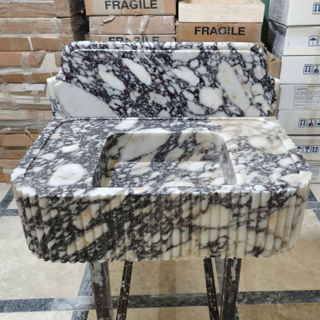Calacatta Viola Marble Sink, Floating Sink With Backsplash, Round ...