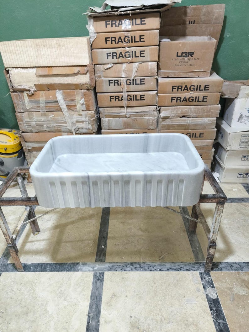 Carrara White Marble Kitchen Sink: Handmade Rectangular Farmhouse Basin ...