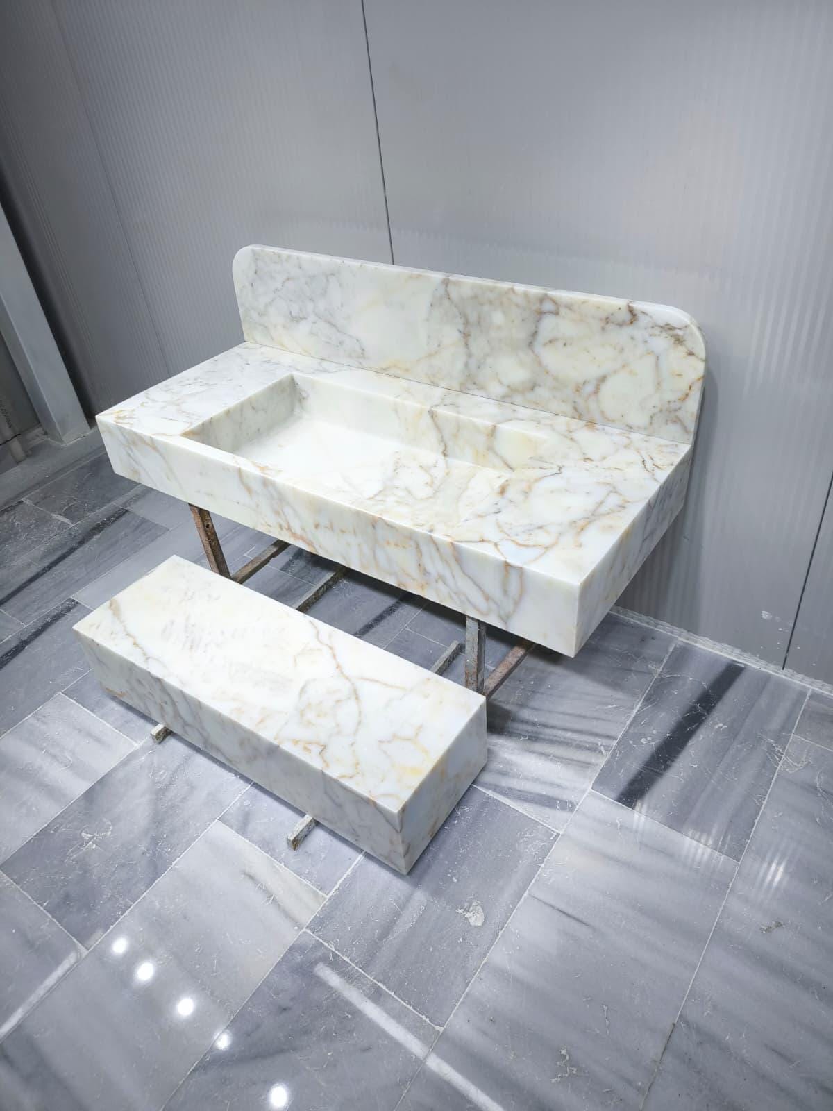 Calacatta Gold Marble Sink – Vanity Top With Tall Backsplash and Warm ...