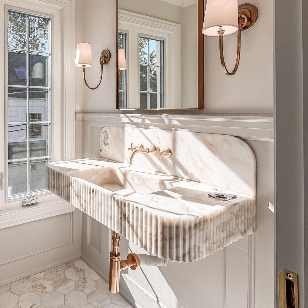 Calacatta Gold Marble Sink: Fluted Backsplash, Wall Mount Vanity - Etsy