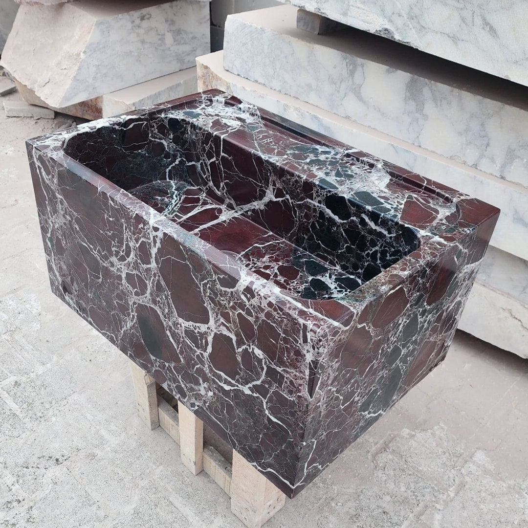 Rosso Levanto Marble Sink, Hand Carved Sink, Wall Mounted Bathroom Sink ...