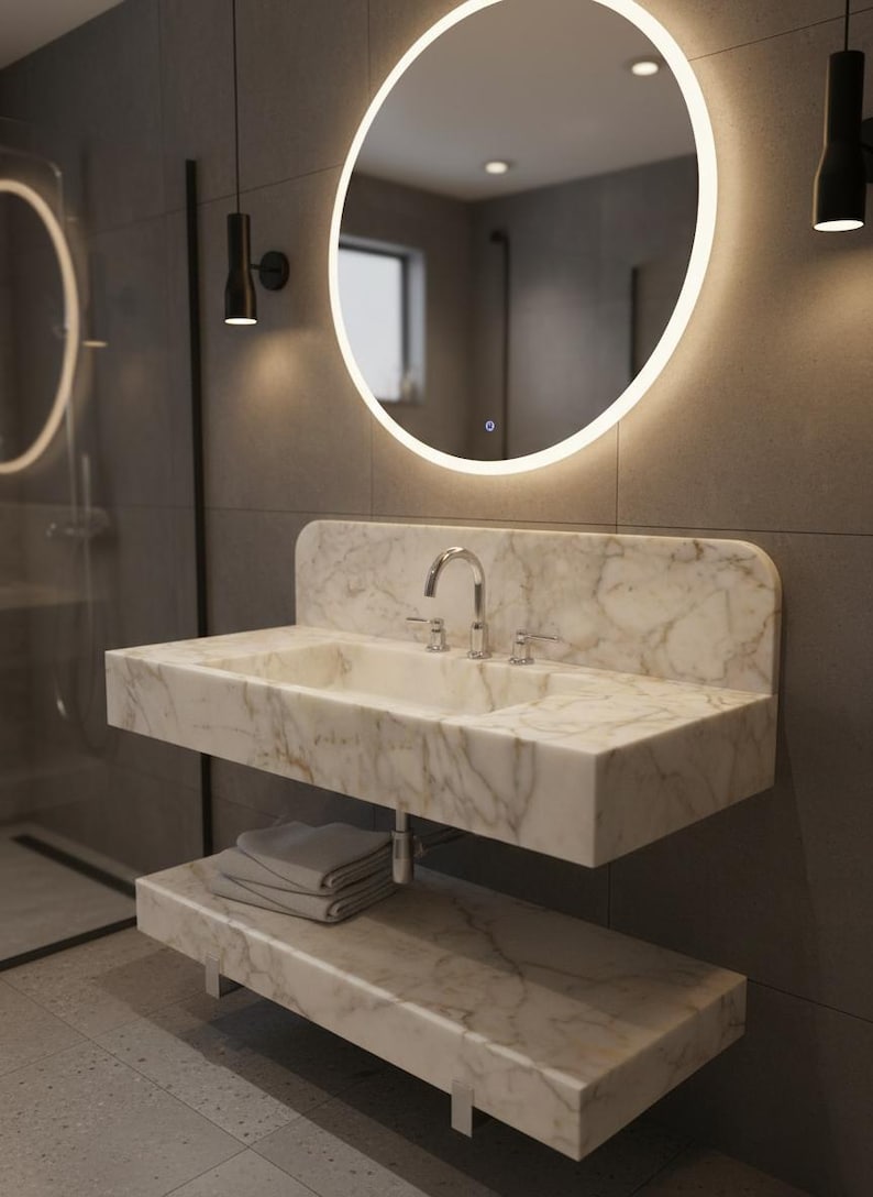 Calacatta Gold Marble Sink – Vanity Top With Tall Backsplash and Warm ...