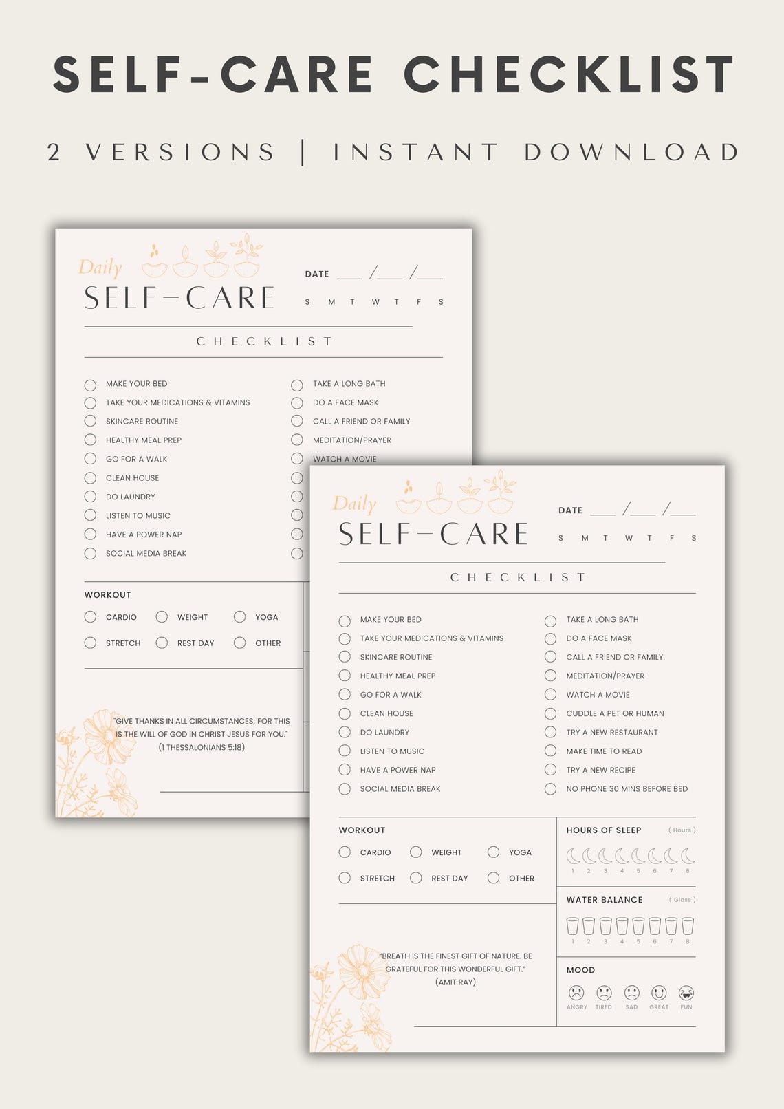 Daily Self-care Checklist Printable Template, Gratitude Checklist ...