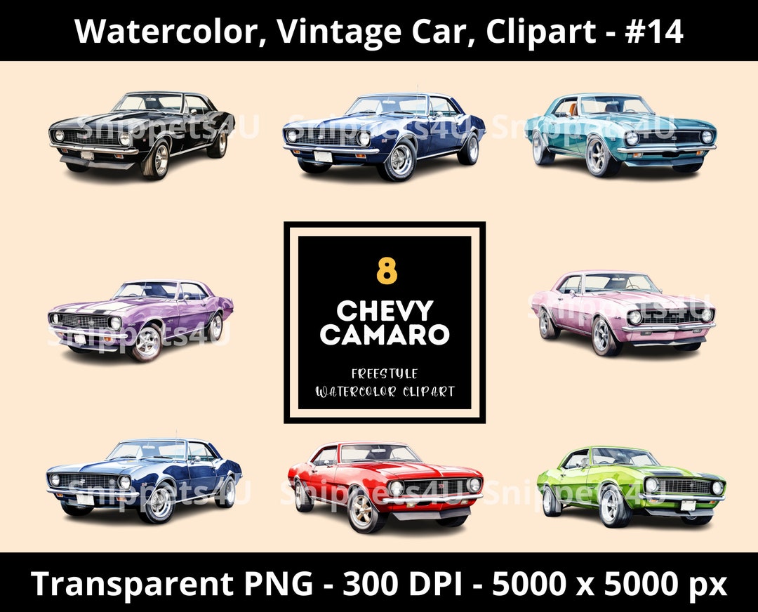 Vintage Car Watercolor Clipart, Classic Car, Chevy Camaro, PNG ...