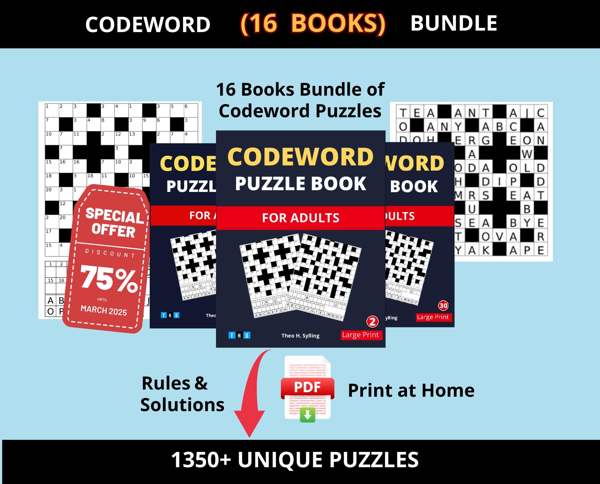 16 Books Codeword Puzzles Bundle, PDF Printable Puzzle Books for Adults ...