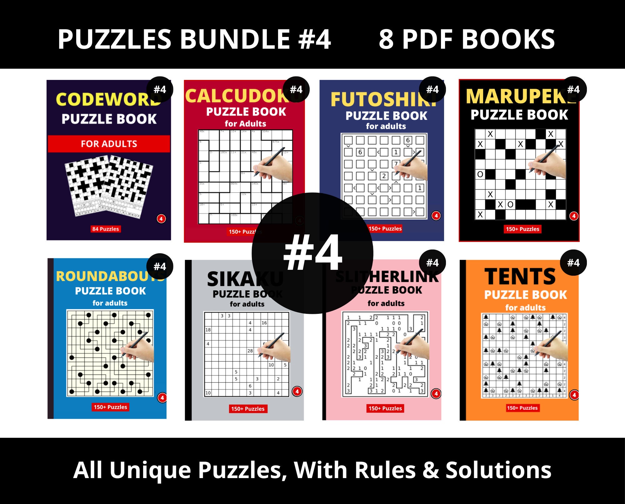 Puzzles Bundle #4, 8 Unique PDF Printable Puzzle Books, Calcudoku, Codewords, Futoshiki ...