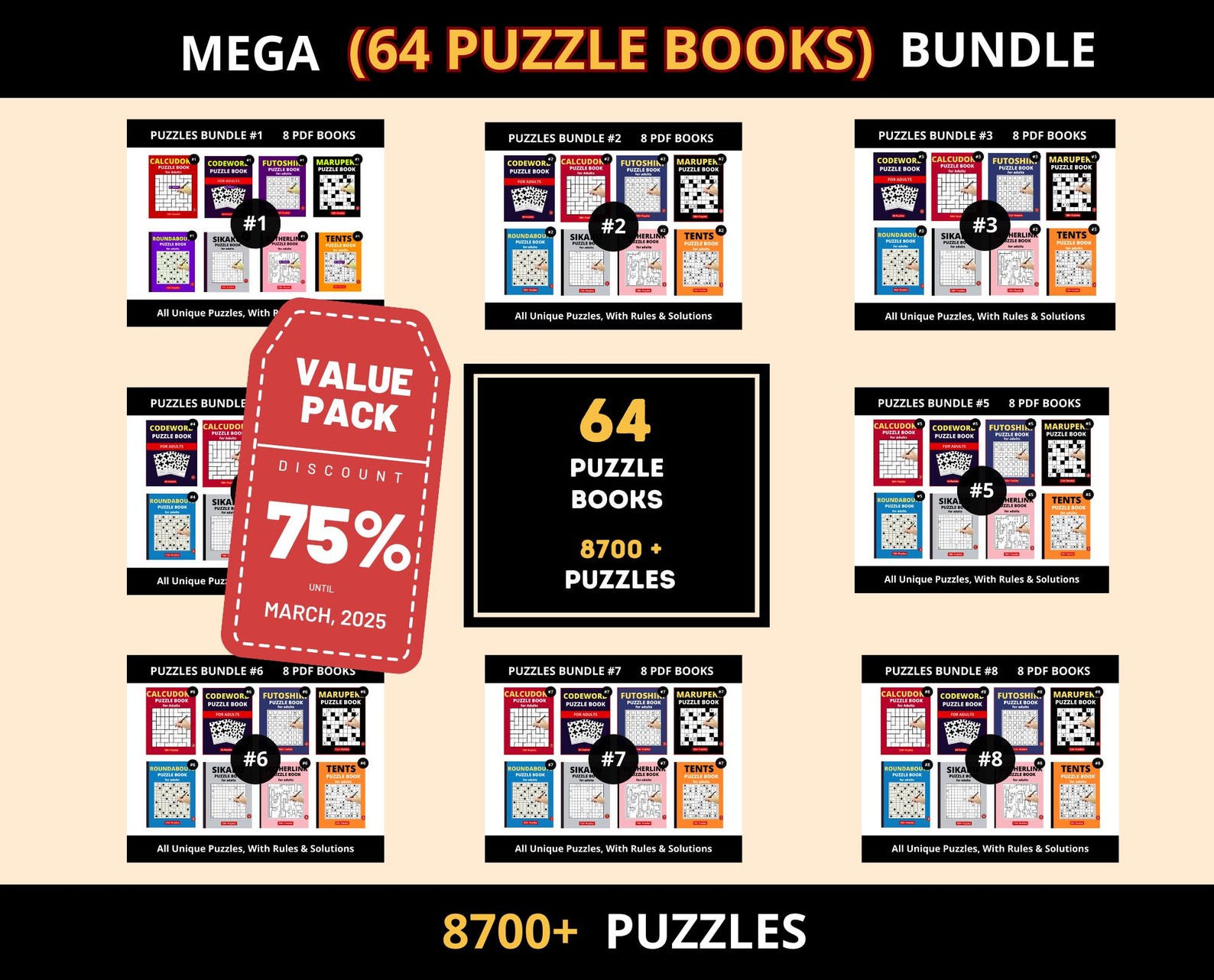 Mega Bundle Puzzles, 64 Puzzle Books, Pack #1-8, With 8700+ Unique ...