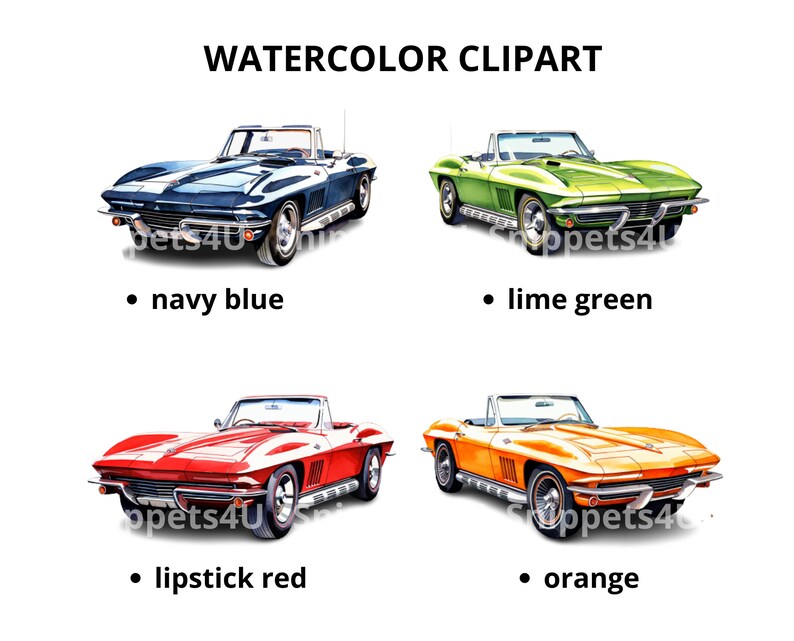 Vintage Car Watercolor Clipart, Classic Car, Chevy Corvette Roadster ...