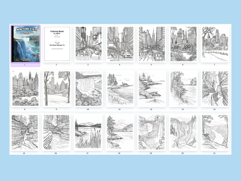 New York State Coloring Book for Adults, Niagara Falls, Watkins Glen ...