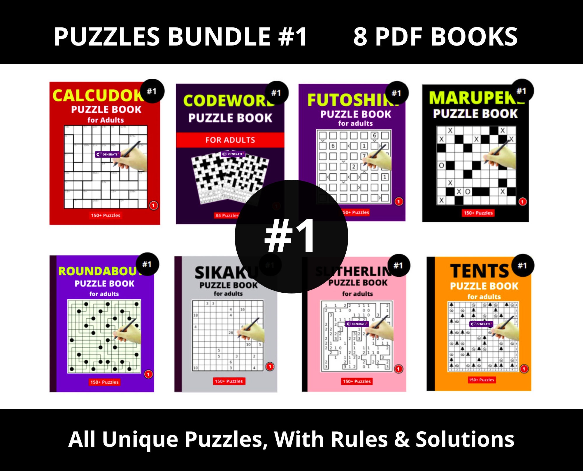 Puzzles Bundle #1, 8 Unique PDF Printable Puzzle Books, Calcudoku, Codewords, Futoshiki ...