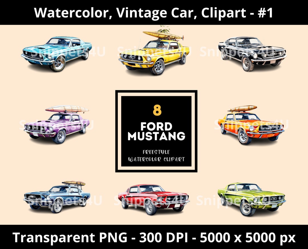 Vintage Car Watercolor Clipart, Classic Car, Ford Mustang, PNG ...