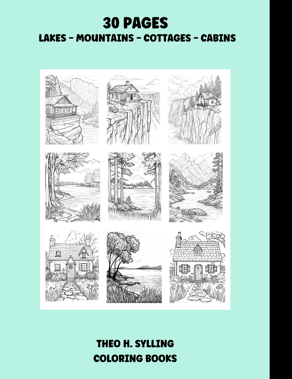 Coloring Book for Adults. Lakes, Mountains, Cottages and Cabins Located ...