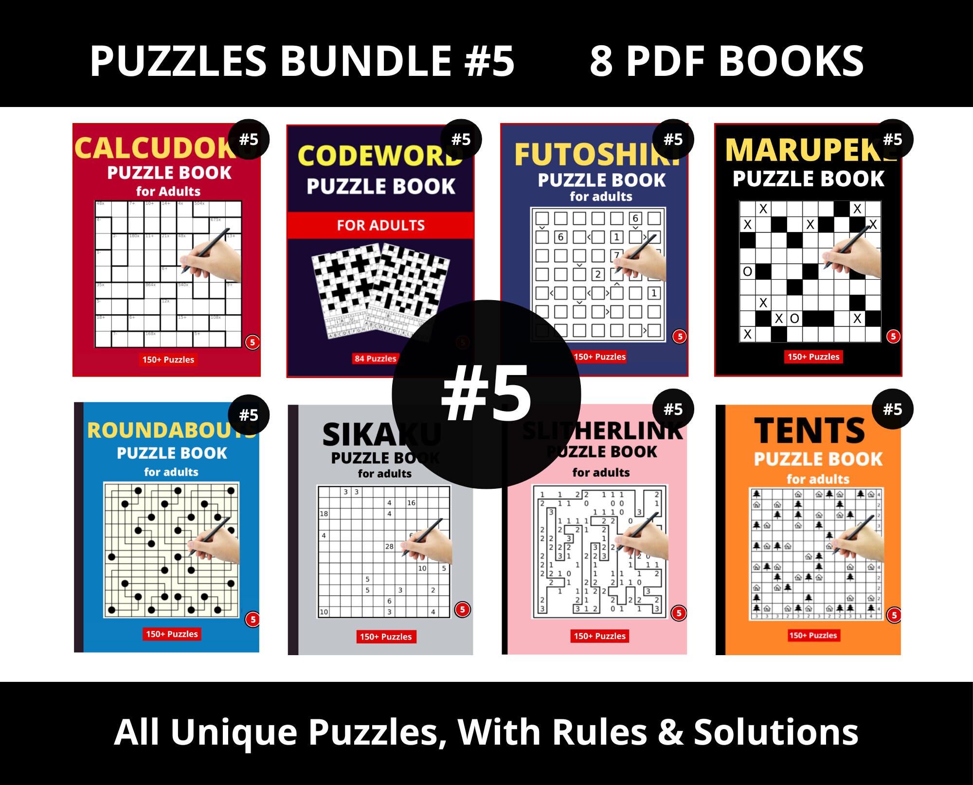 Puzzles Bundle 5, 8 Unique PDF Printable Puzzle Books, Calcudoku ...