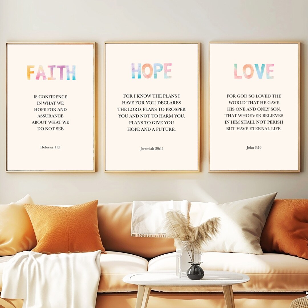 Faith Hope Love Bible Verse Set of 3 Prints, Wall Decor for Living Room, Christian Art ...