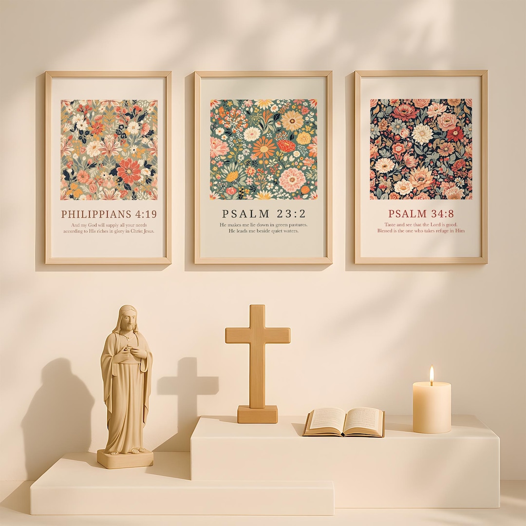 Boho Christian Bible Verse Wall Art Set of 3, Floral Scripture Prints ...